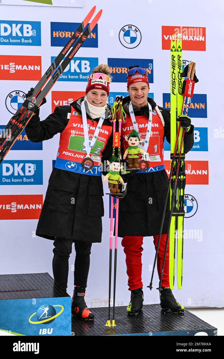 Pokljuka, Slovenia. 08th Jan, 2023. Amy Baserga and Niklas Hartweg of ...