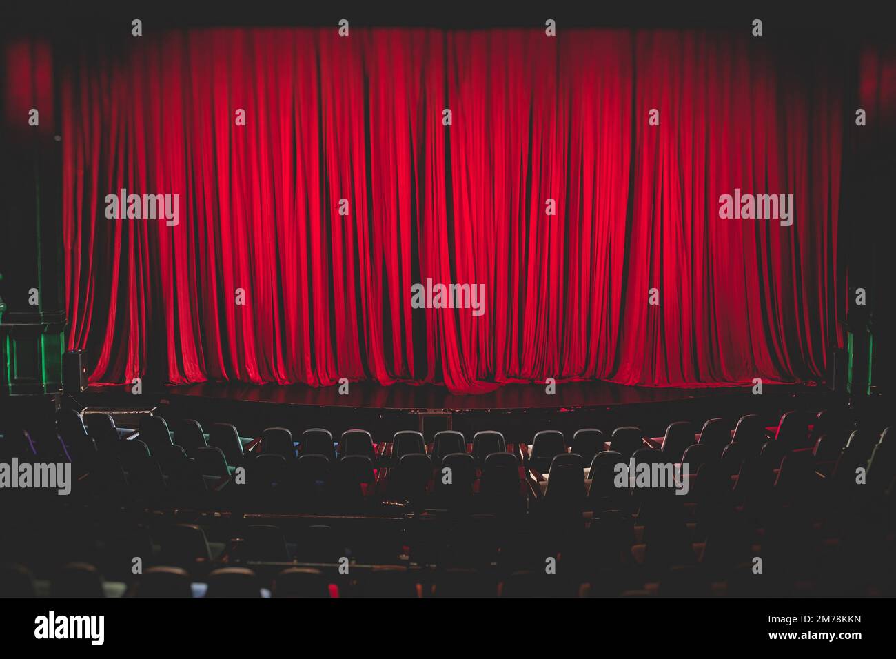Stage with velvet red curtain in theater cinema, empty old-fashioned ...