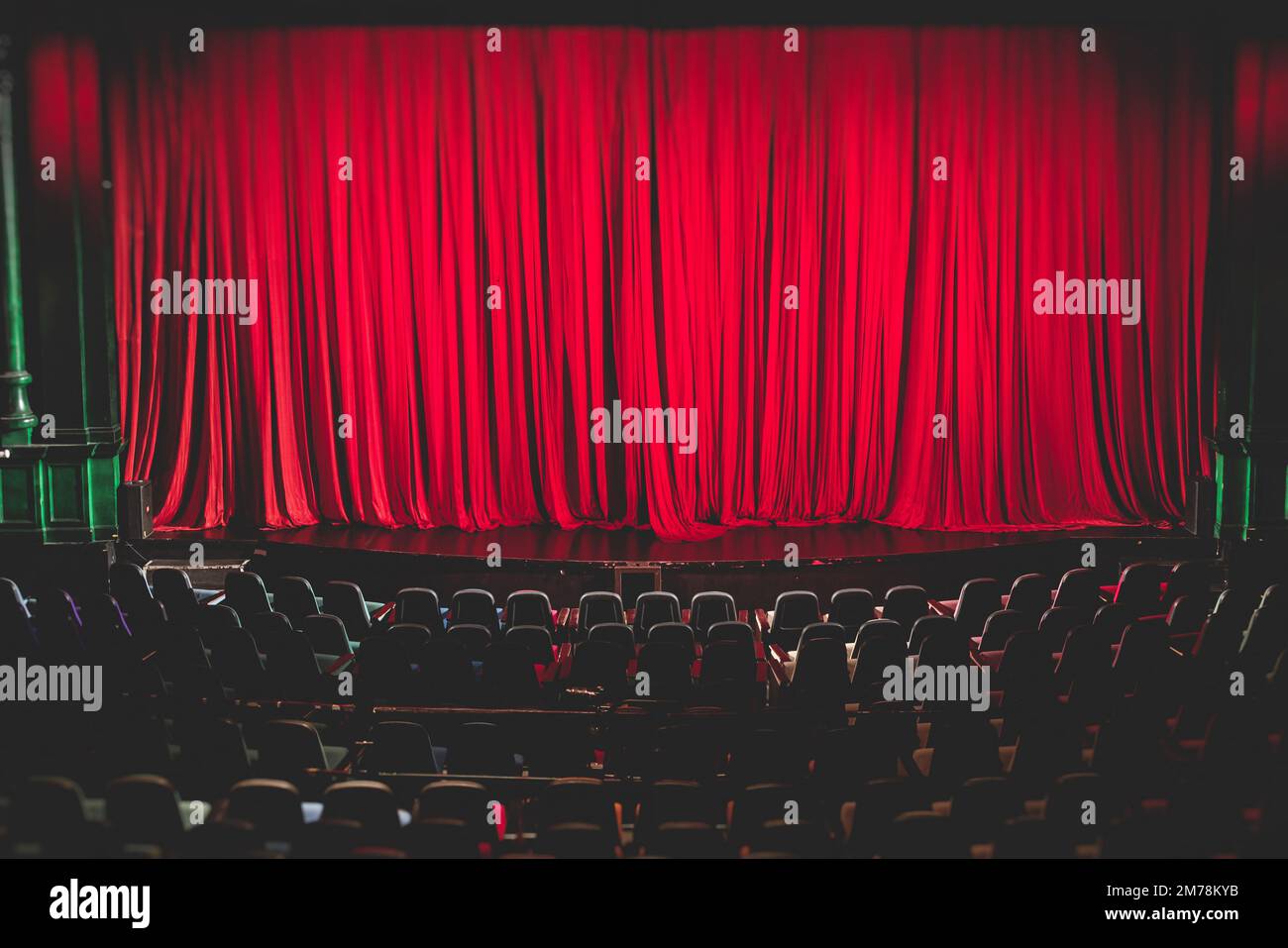 Stage with velvet red curtain in theater cinema, empty old-fashioned ...