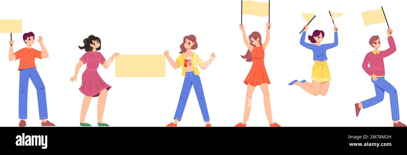 Cute cartoon demonstration students characters. Teens holding banners ...