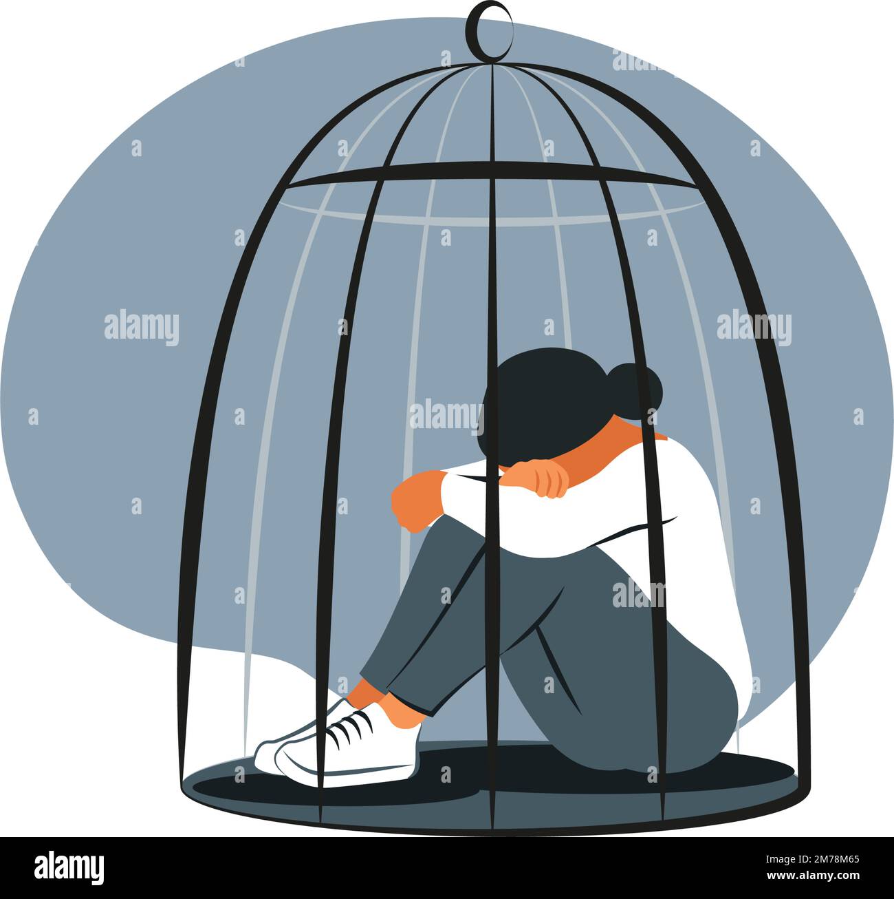 Sad woman sitting inside the closed cage. Mental disorder concept ...