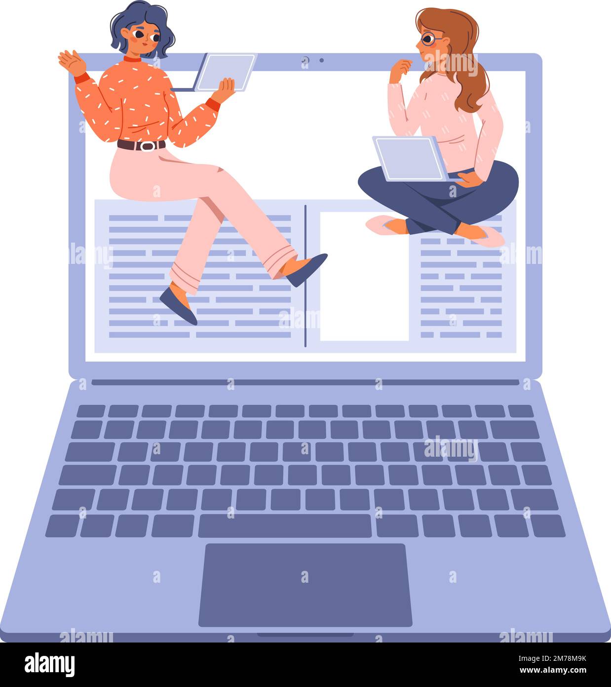 Students learning online with computer. Cute cartoon teens reading in ...