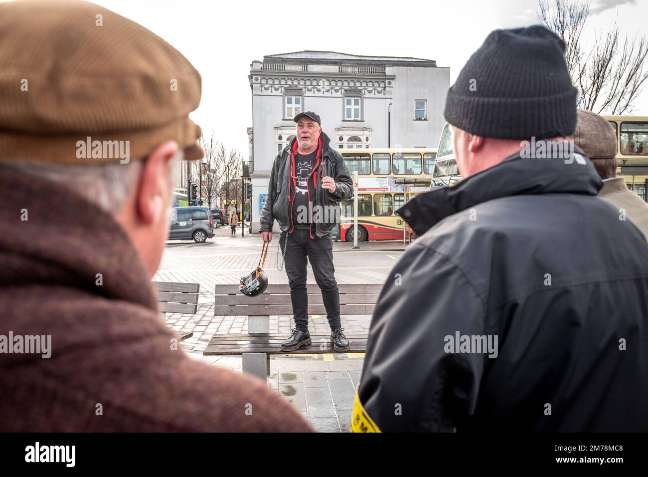 Brighton, January 6th 2023: Striking members of the RMT union listen to ...