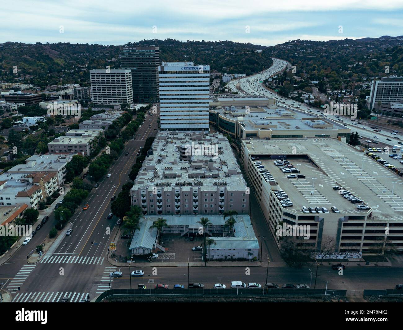 An aerial view of the Sherman oaks blvd and the 405 freeway in the ...