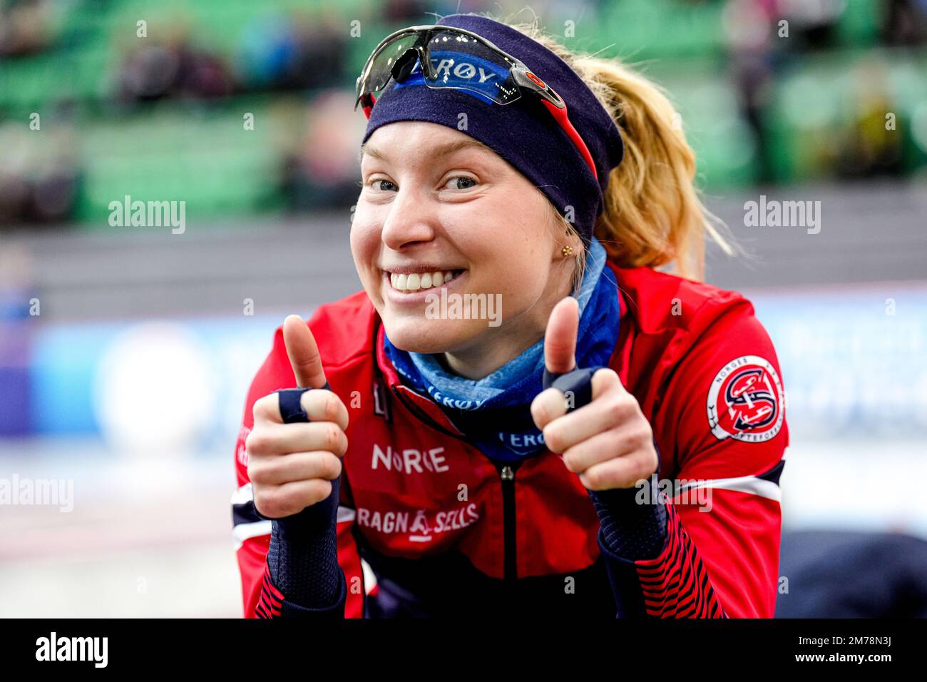 HAMAR, NORWAY - JANUARY 8: Ragne Wiklund of Norway giving thumbs up ...