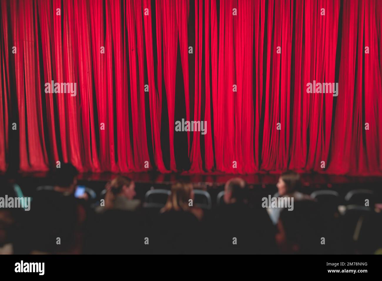 Stage with velvet red curtain in theater cinema, empty old-fashioned ...