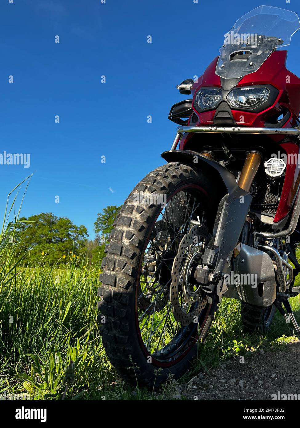 A vertical shot of a CRF1000L Honda Africa Twin adventure bike on a ...