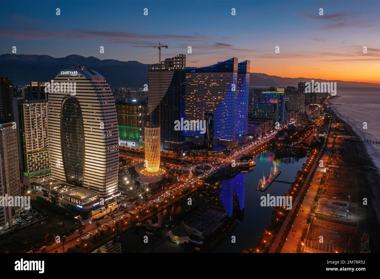 Modern skyscrapers, drone aerial view of night Batumi City, Georgia Stock Photo - Alamy