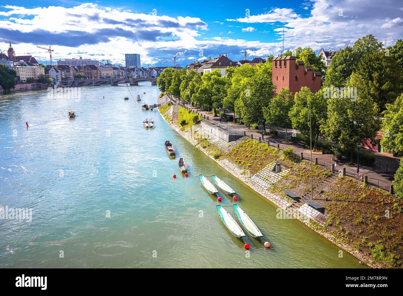 Rhine river in Basel view from the bridge, northwestern Switzerland ...