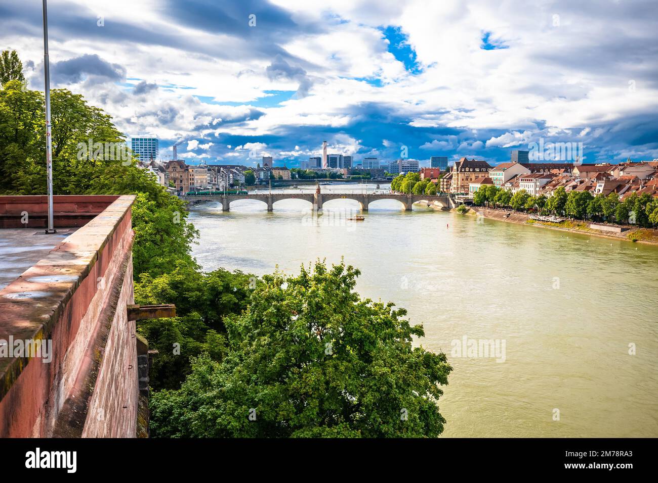 Basel view from upper town to Rhine river and bridge, Switzerland Stock ...
