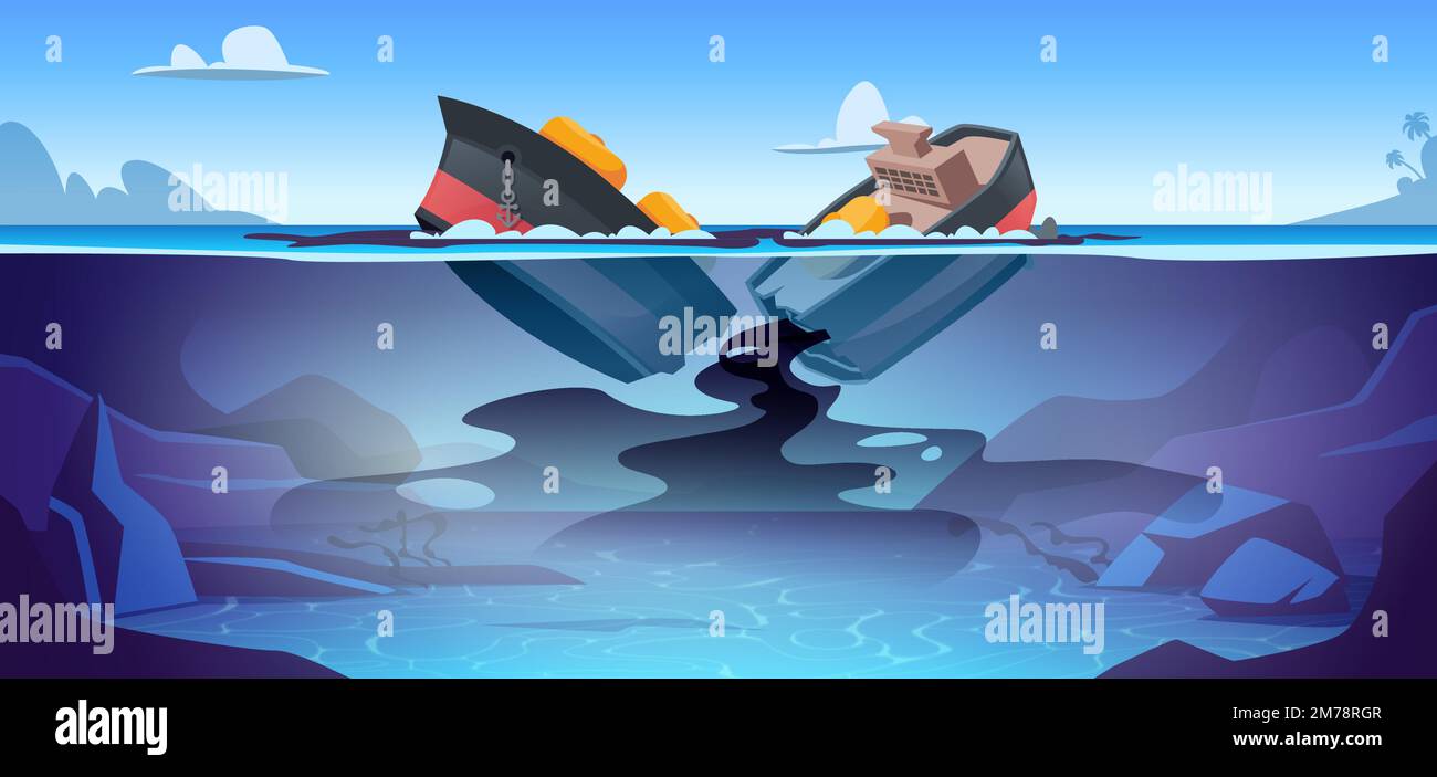 Crash accident in water. Broken sea sailor ship damaged and explosion ...