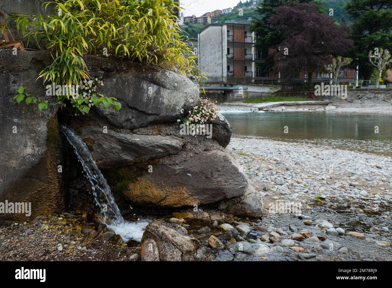 Small water stream flowing from between rocks on the side of lake Como ...