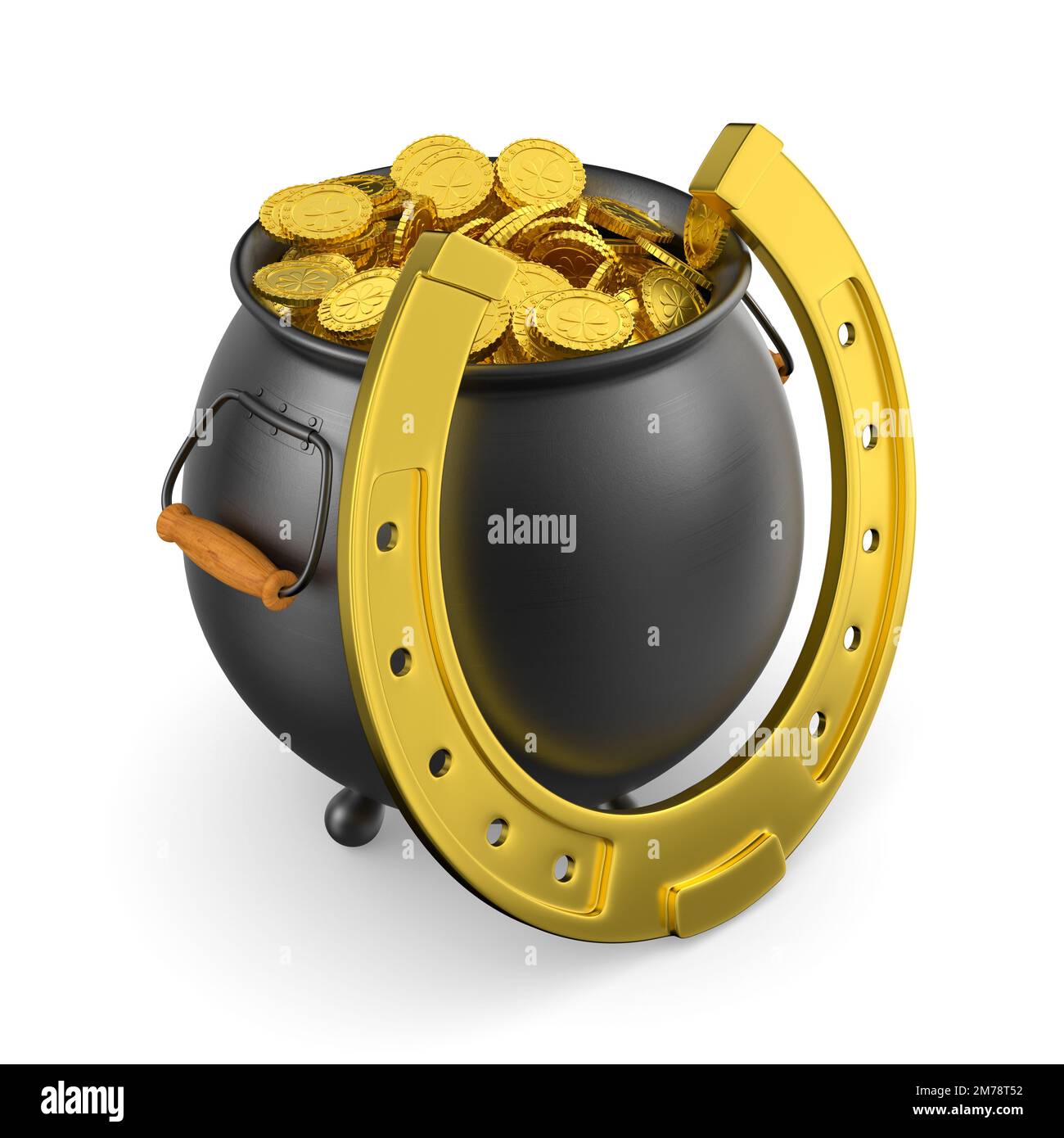 iron cauldron full shiny gold coin on white background. Isolated 3D ...