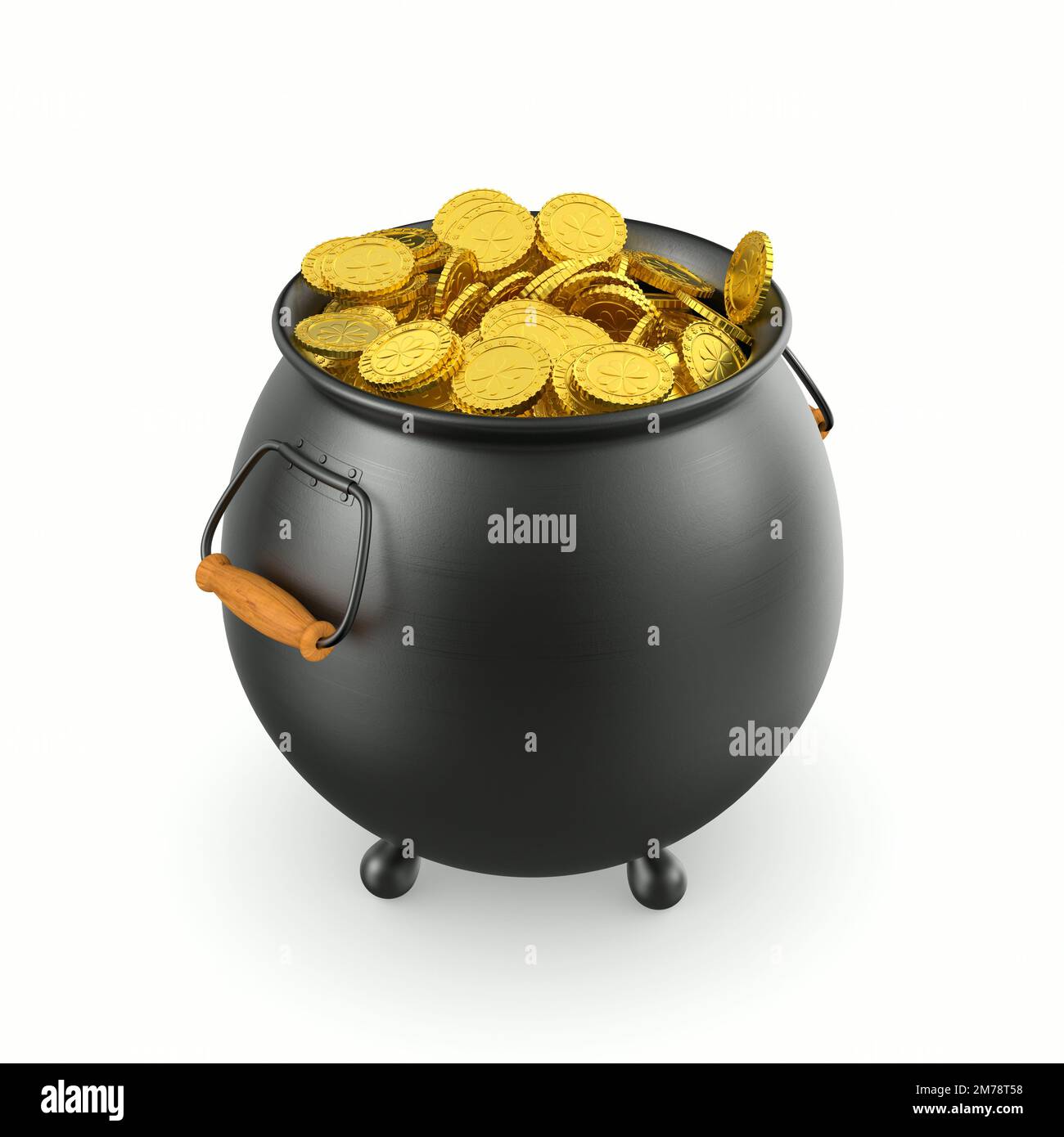 iron cauldron full shiny gold coin on white background. Isolated 3D ...