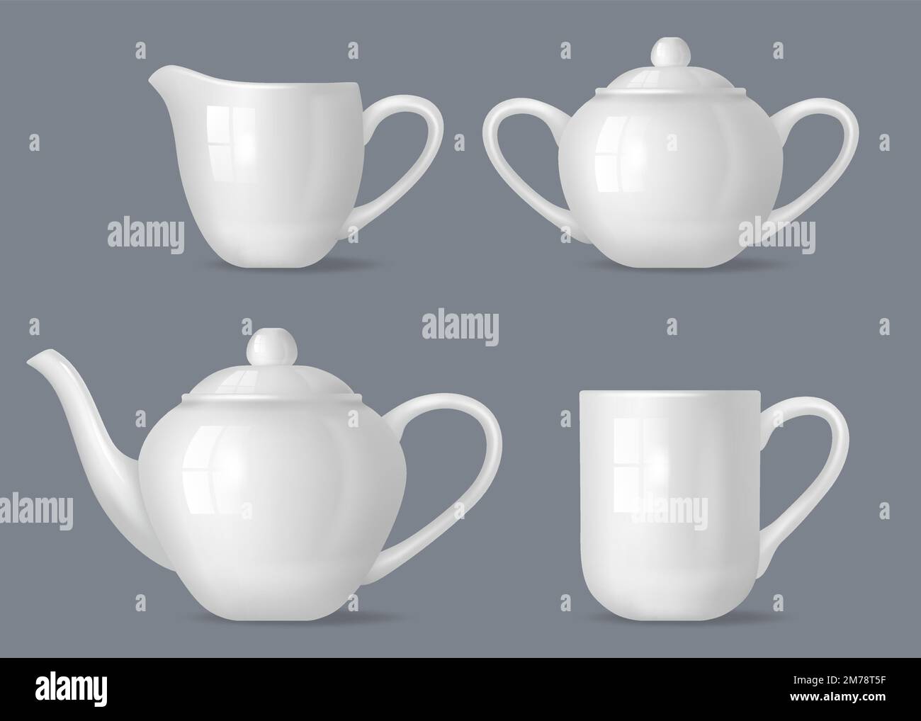 Realistic tea set. Utensils for tea relax time pot tea cup bowl for ...