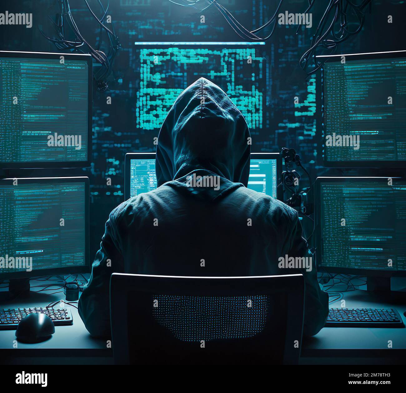 Rear view of hacker using computers for stealing data on desk Stock Photo - Alamy