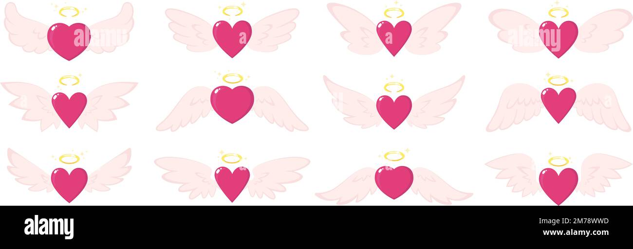 Red hearts with wings. Flying pink heart cartoon style, love and ...