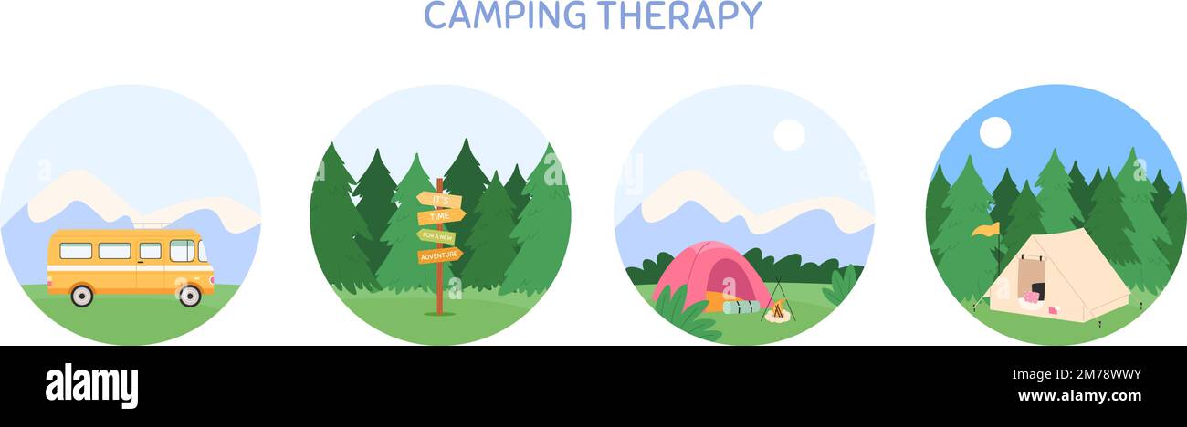 Camping round badges templates. Cartoon camp tent and fire, bus and ...
