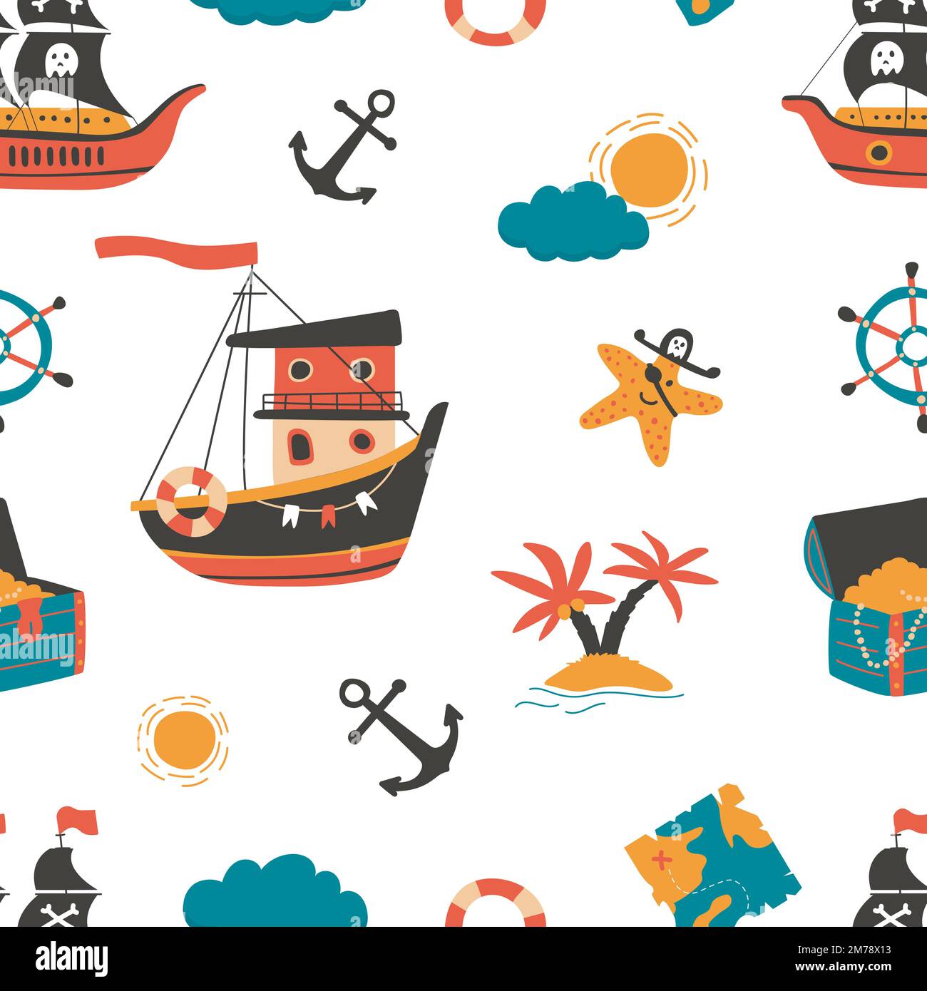 Pirate ships, ship wheel, palm island isolated elements. Childish sea ...