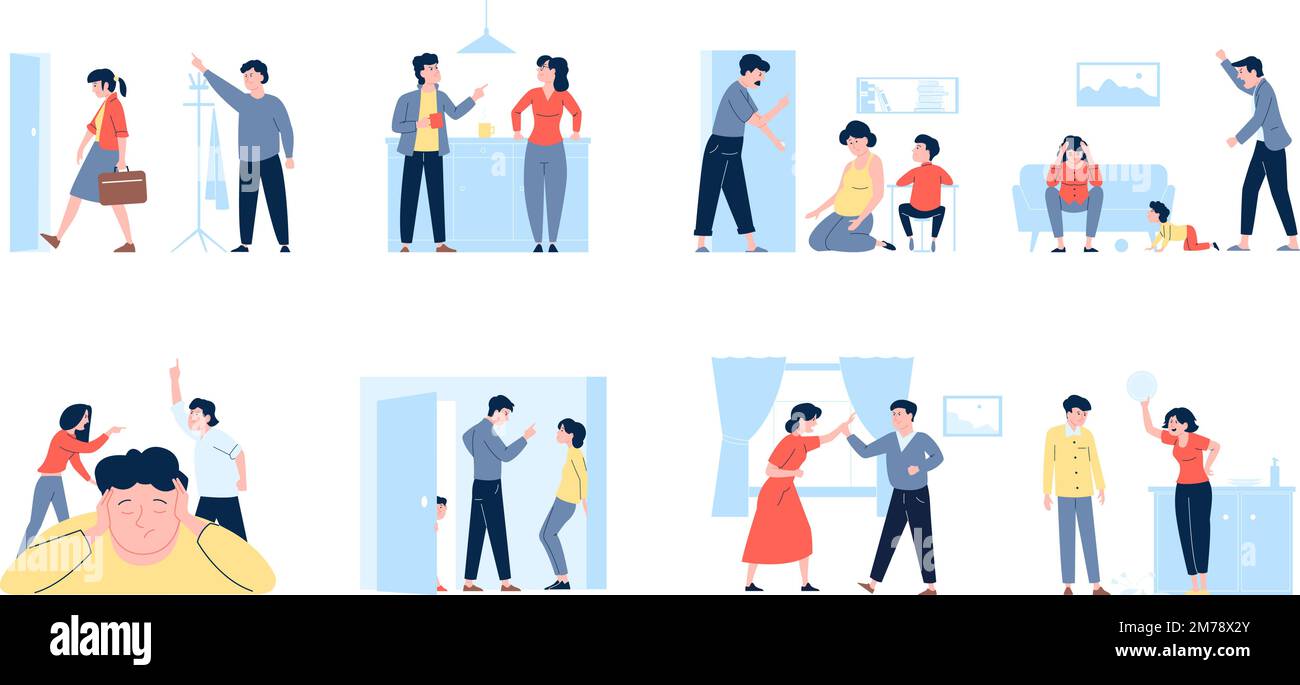 Family conflict and break. Abuse parenting, angry people couples. Sad ...