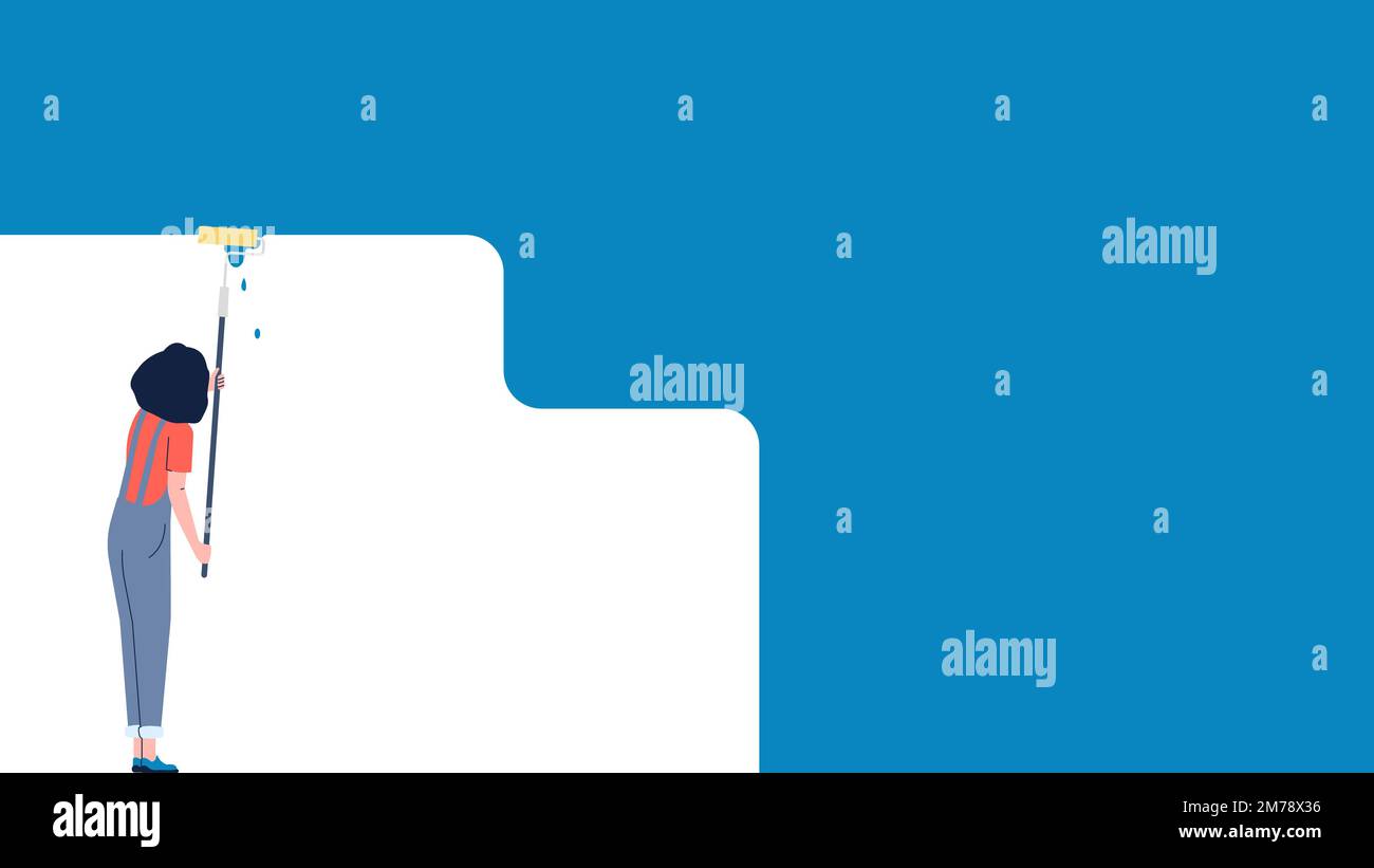 Paint wall, house renovation banner. Painter painting white space blue ...