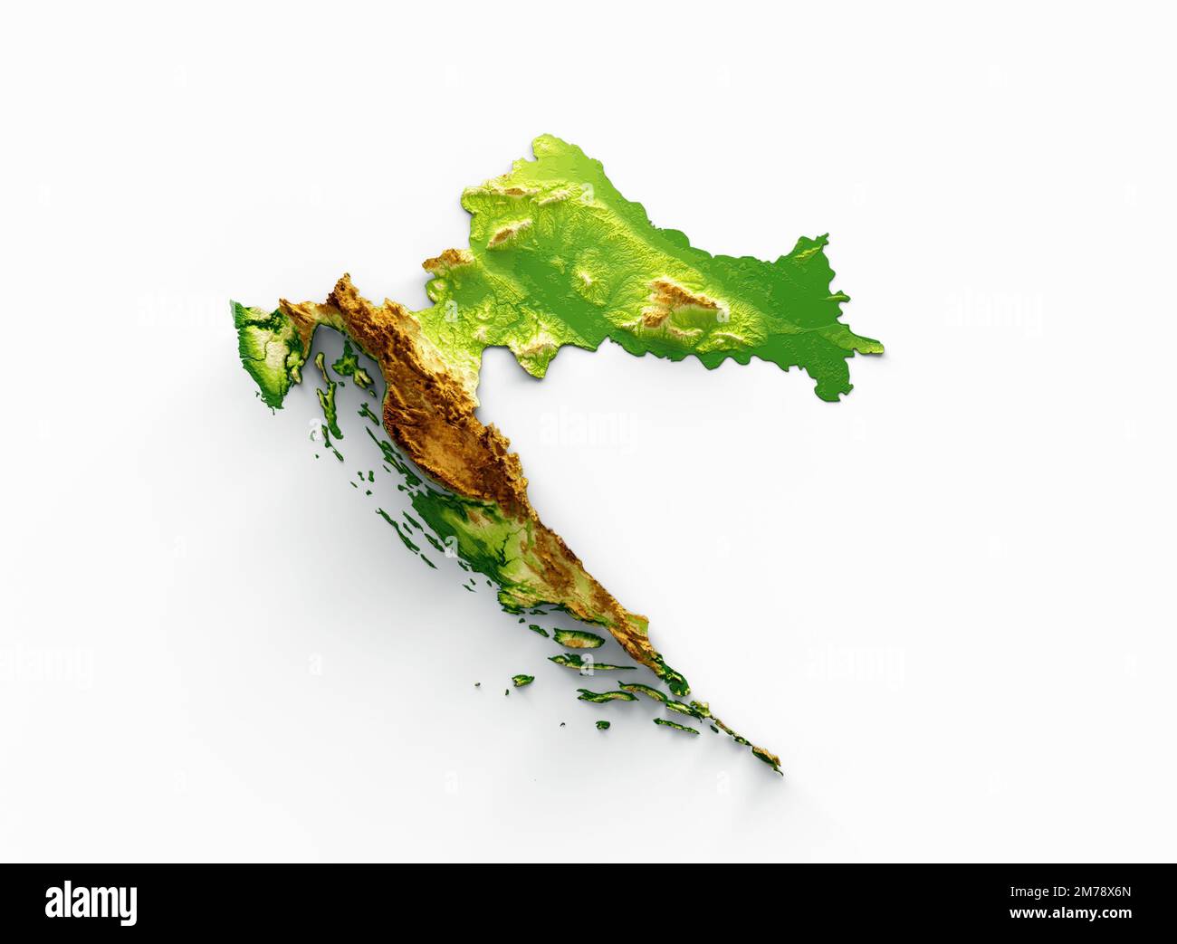 A 3D render of a green height map of Croatia isolated on a white ...