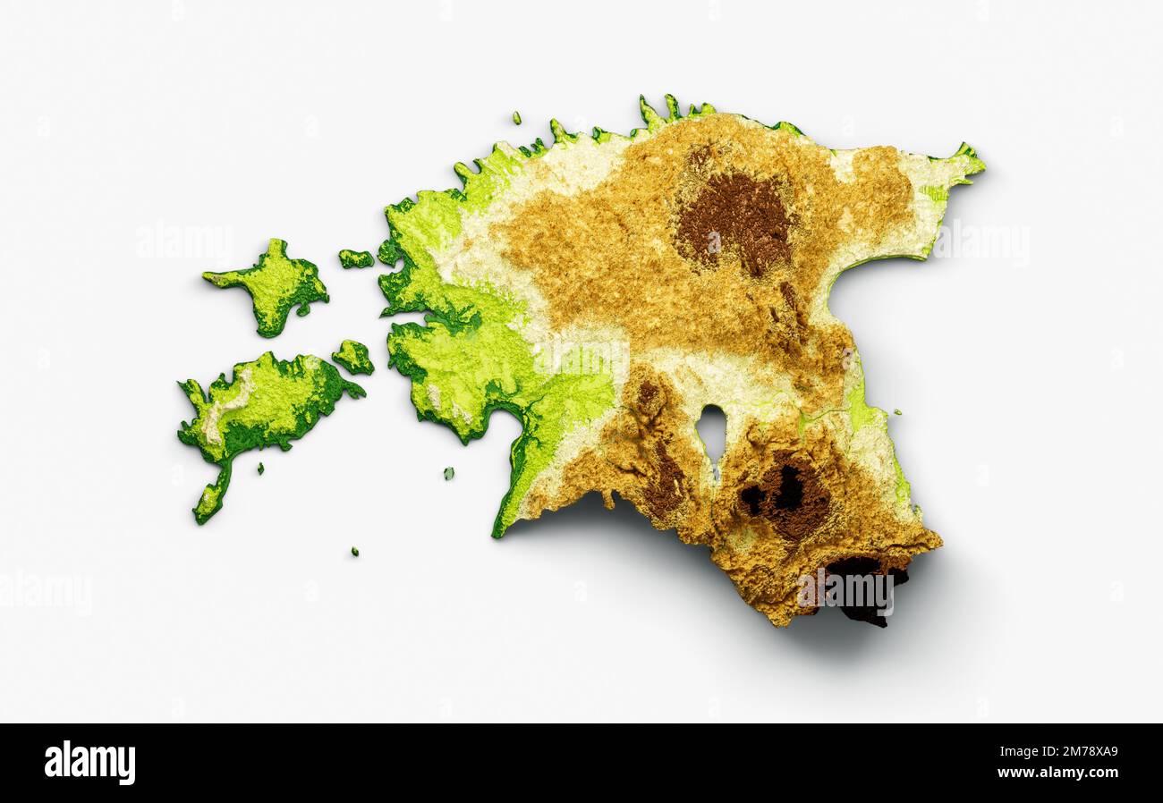 A 3D render of a shaded relief color height map on Estonia on a white ...