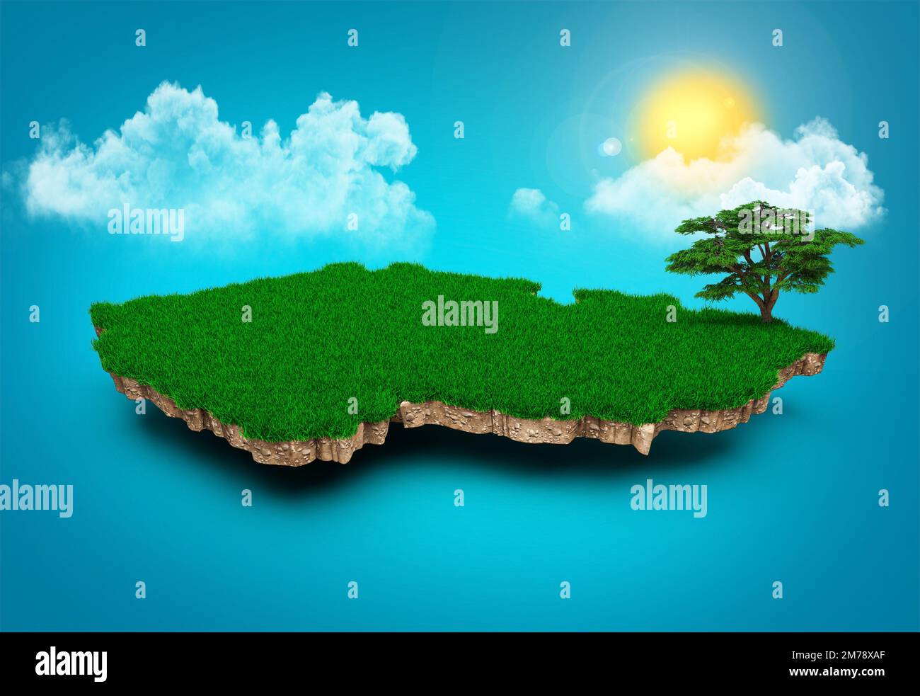 A 3D render of the green map of Czech Republic on a sunny blue sky ...