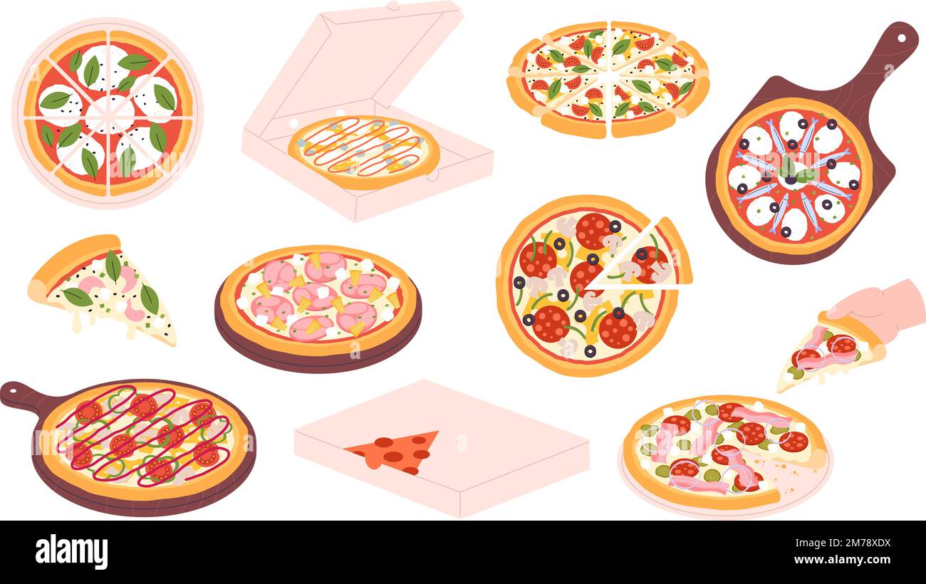 Isolated pizza set, margherita pizzas slice with cheese. Italiano ...
