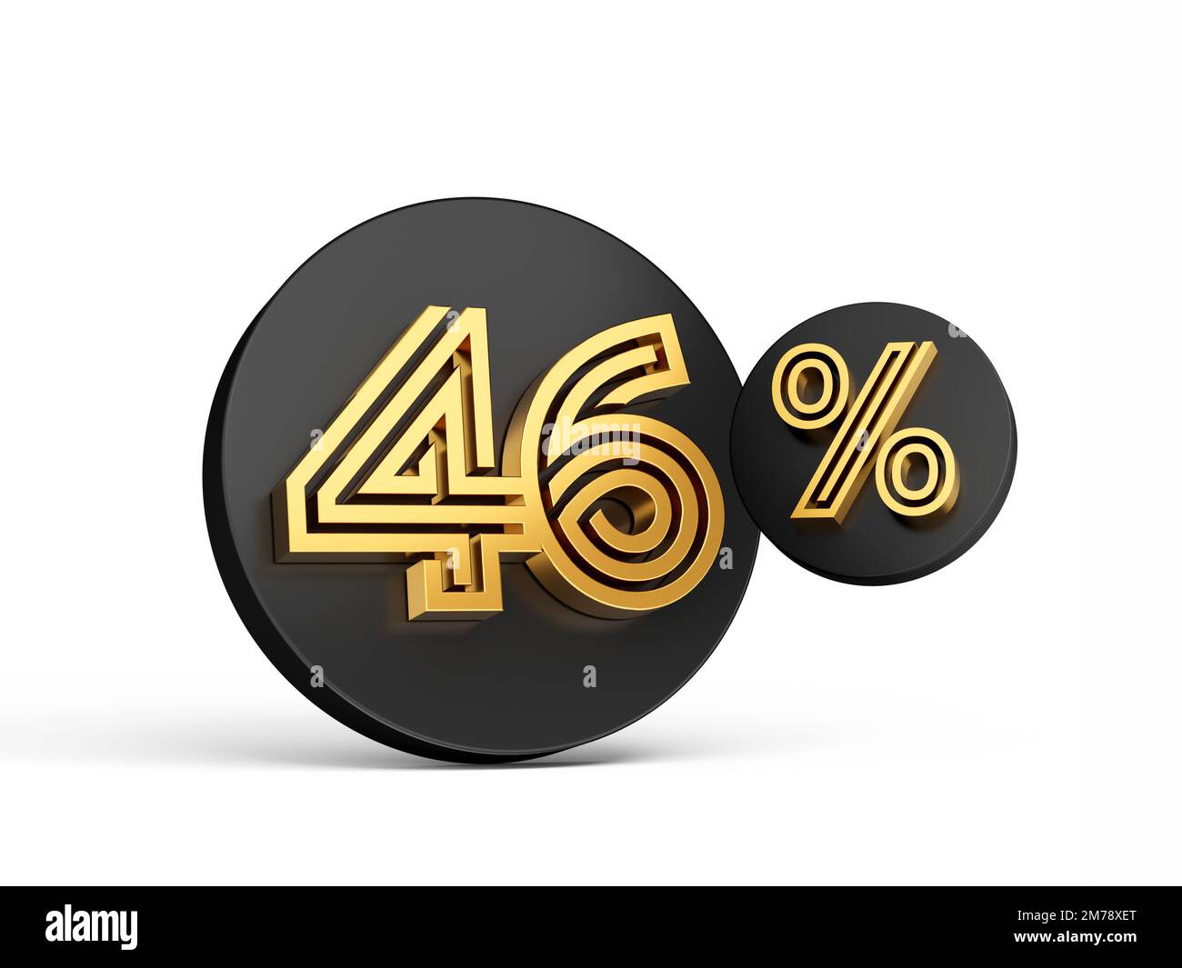 A 3D render of a golden 46 percent sign on a black circle isolated on a ...