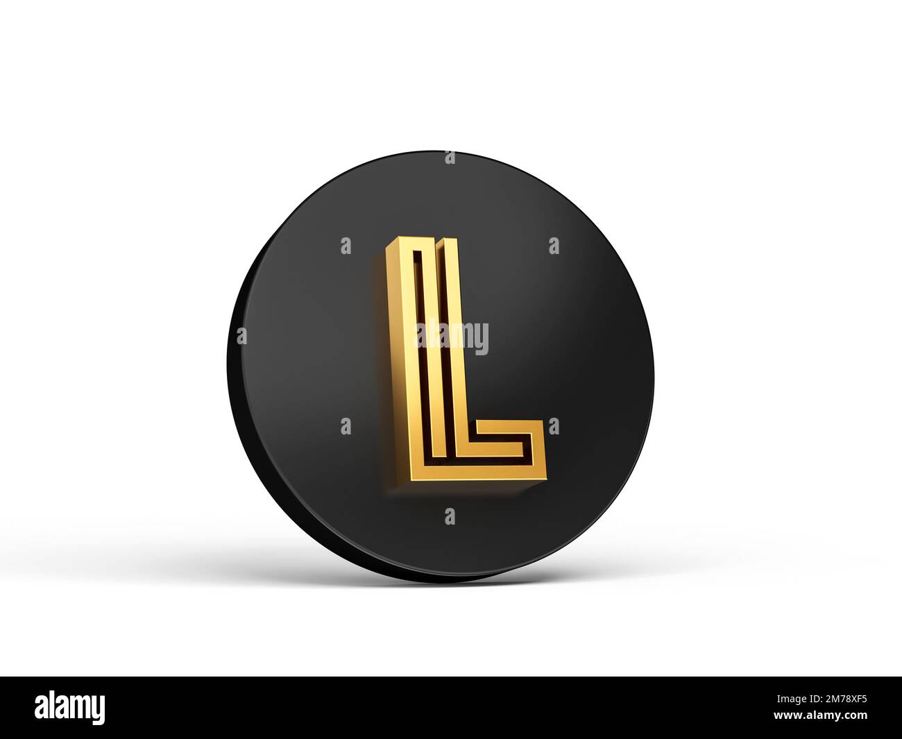 A 3D render of a golden L character on a black circle isolated on a ...