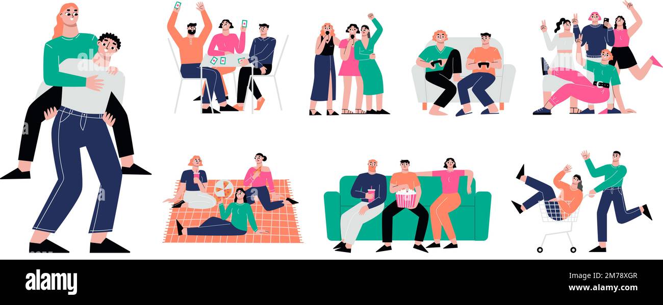 Happy friends flat teams. Friend student groups, dancing playing ...