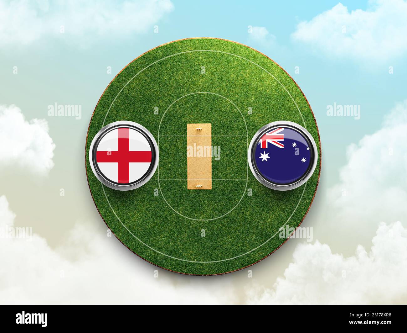 A 3D render of England vs Australia flag icons on a green round cricket ...