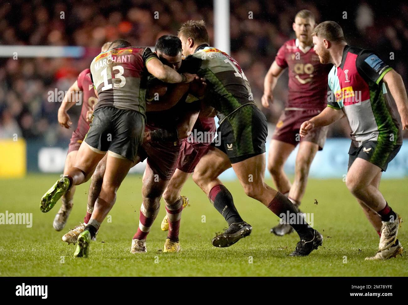 Sale Sharks Manu Tuilagi is tackled during the Gallagher Premiership ...