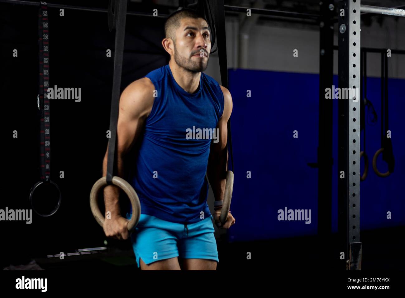Vertical shot of a gymnast doing ring dips in the haros of a gym Stock ...