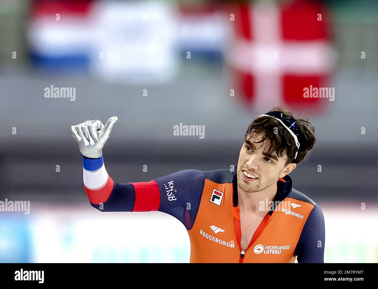 HAMAR - Patrick Roest (NED) cheers after winning the men's all-around ...