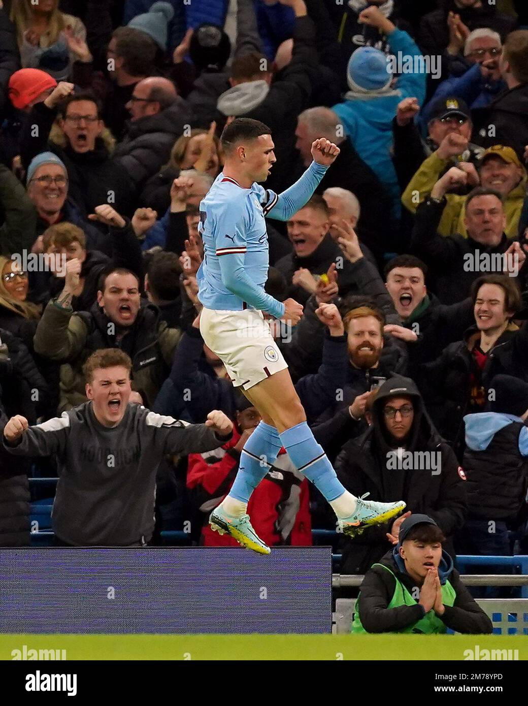 Manchester City's Phil Foden celebrates scoring their side's third goal ...