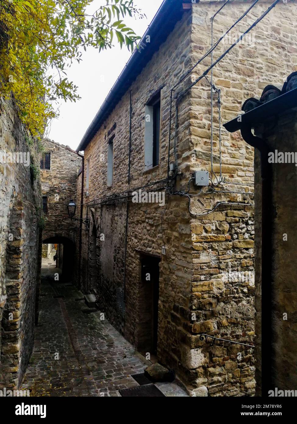 A vertical shot of a stone buildings in an alley of a medieval village ...
