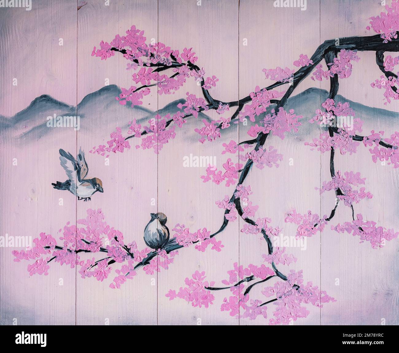 Sakura tree and two birds, oil painting Stock Photo - Alamy