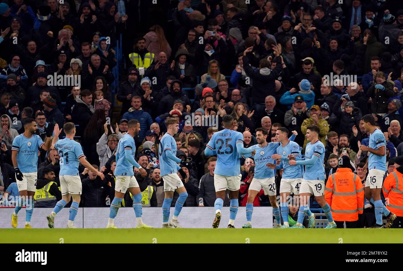 Manchester City's Phil Foden celebrates scoring their side's third goal ...