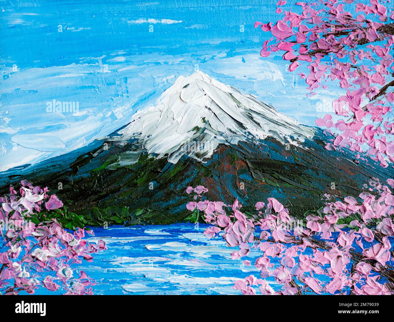 Sakura trees blossom and Fuji, oil painting Stock Photo - Alamy