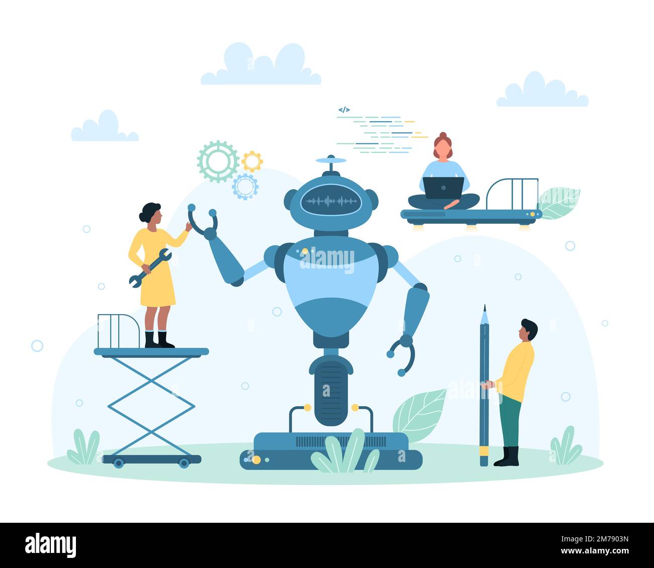 Robot making technology set vector illustration. Cartoon tiny people ...