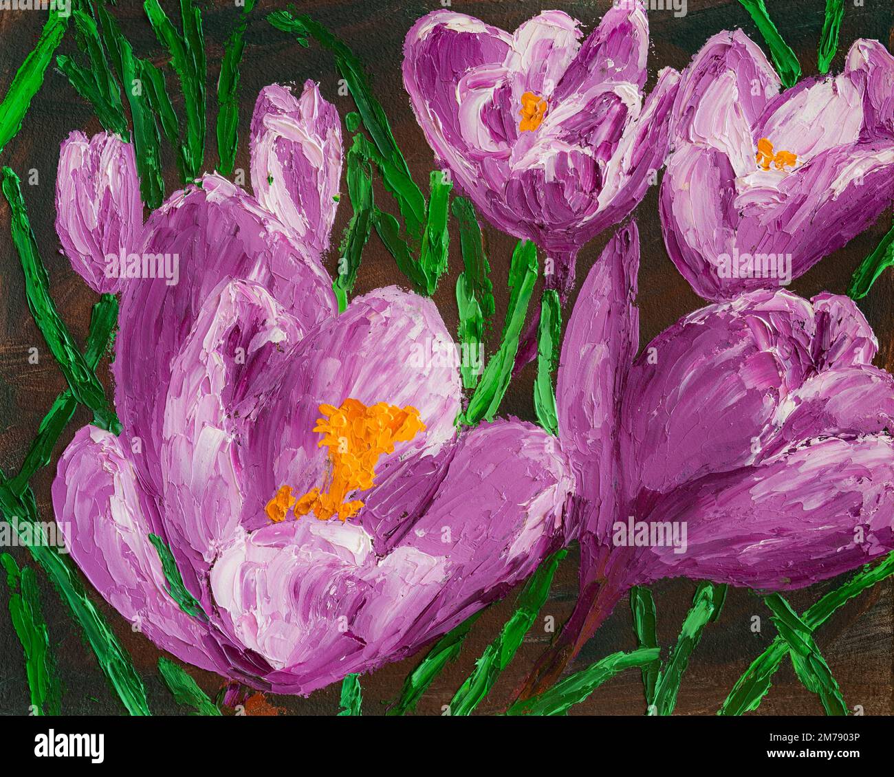 Spring purple crocus flowers field oil painting Stock Photo - Alamy