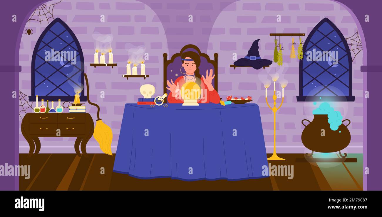 Magic prediction of fortune teller vector illustration. Cartoon woman ...