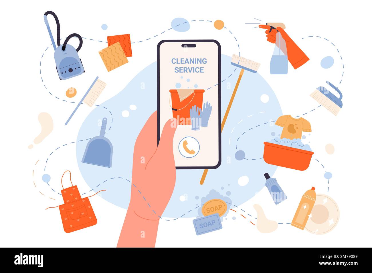Cleaning service vector illustration. Cartoon hand holding phone to ...
