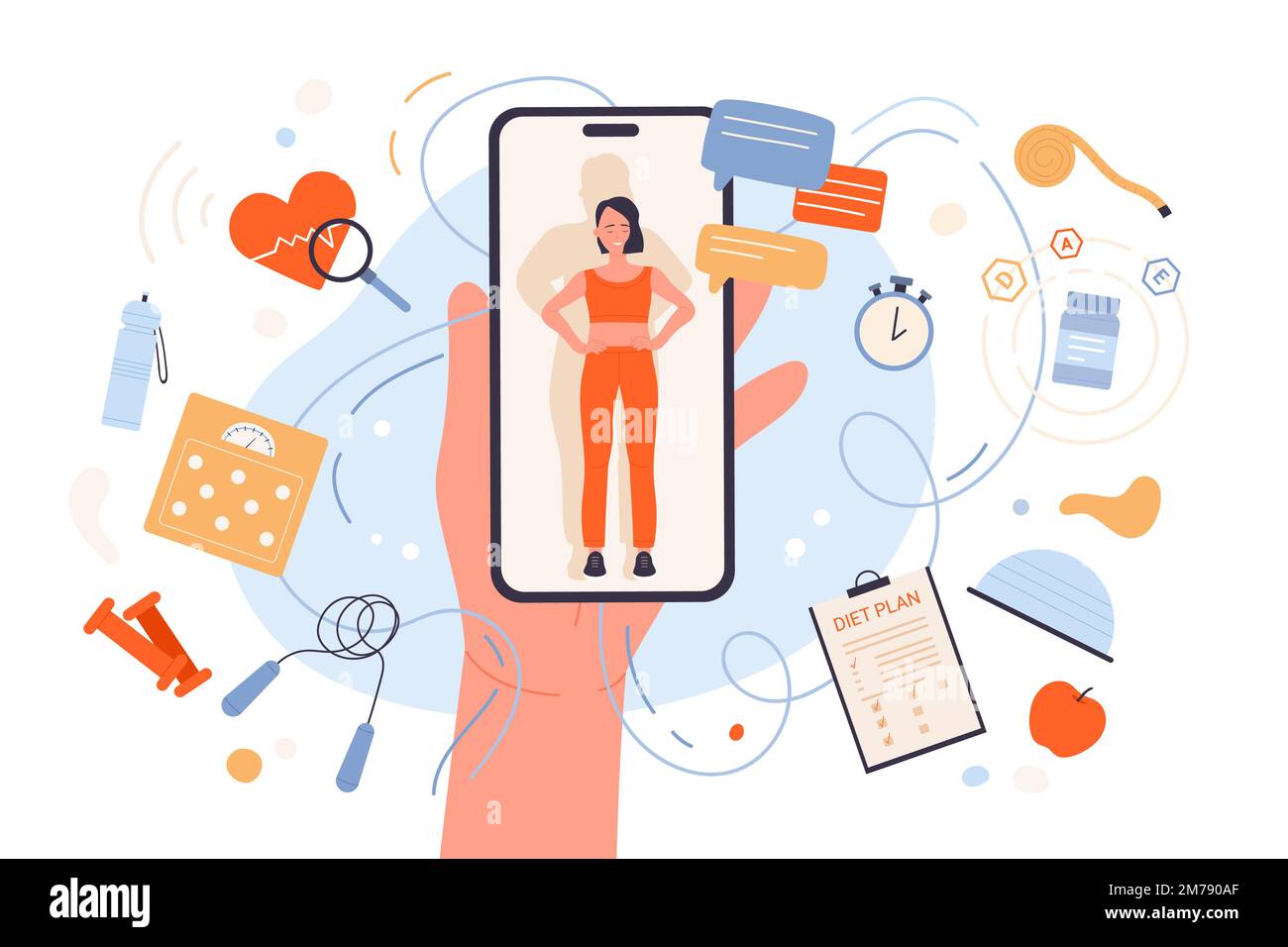 Weight loss with mobile app vector illustration. Cartoon hand holding ...