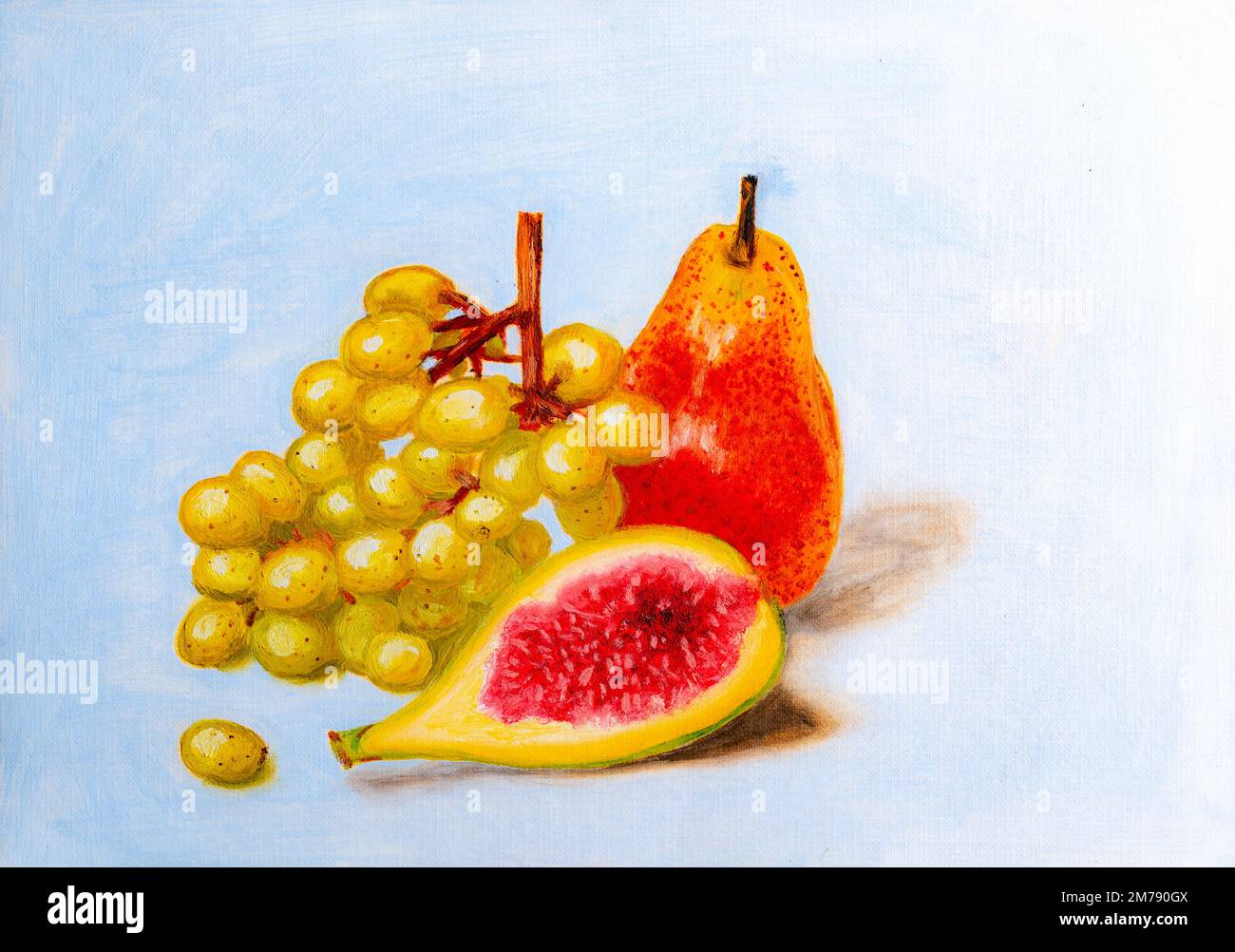 Still life with pear, grapes and fig, oil painting Stock Photo - Alamy
