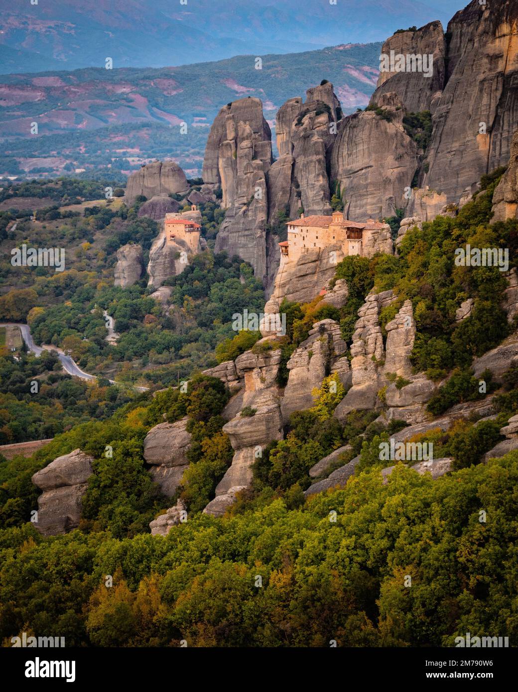 An aerial view of the historic Meteora Rocks in the mountains of ...