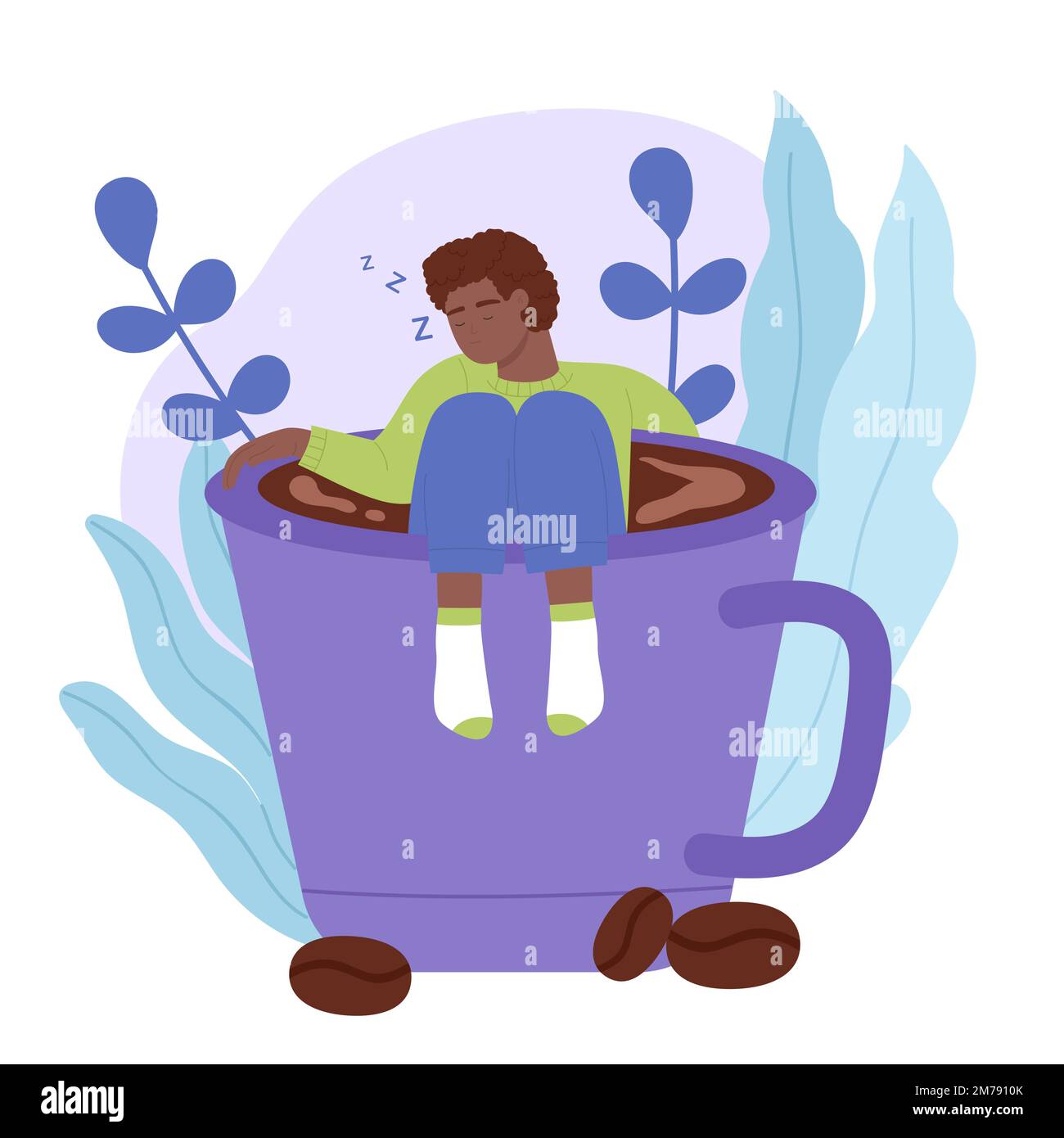 Morning coffee cups with sleepy tired man vector illustration. Cartoon ...