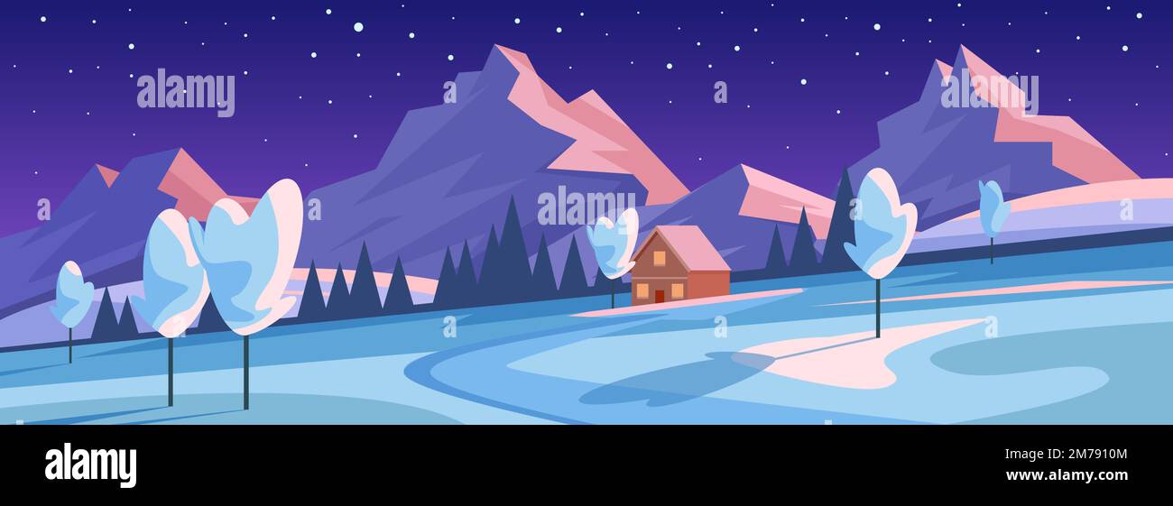 Winter mountain landscape at night vector illustration. Cartoon ...